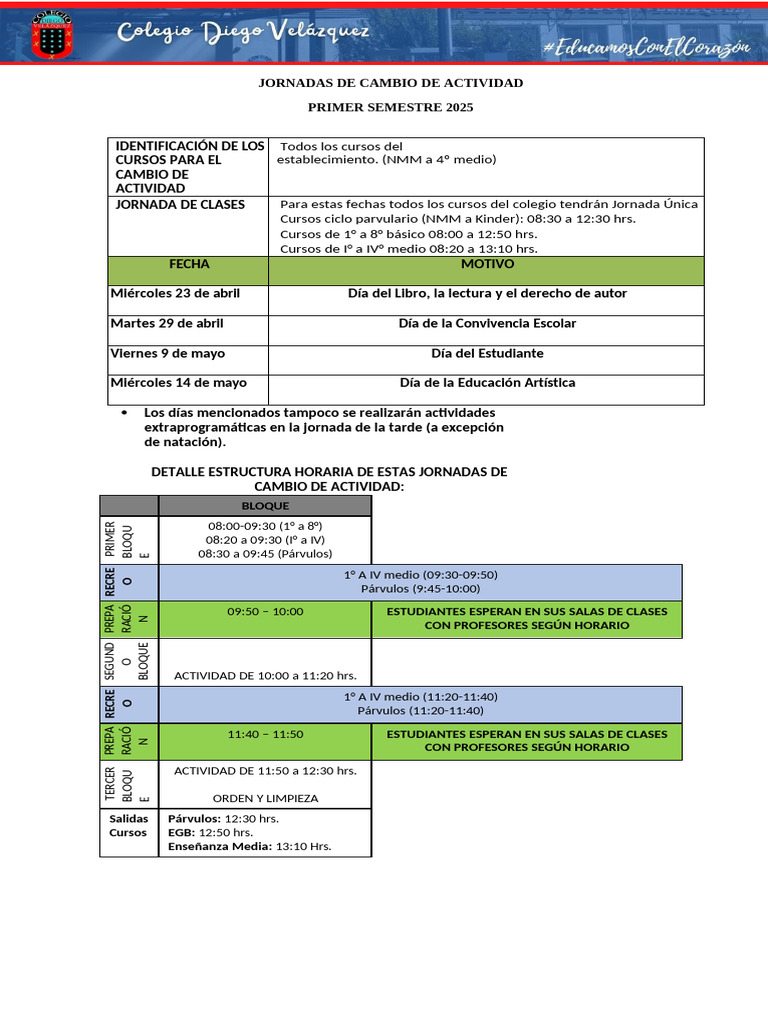 Día de Cambio de Actividades Primer Semestre | PDF | Educación de la primera infancia ...