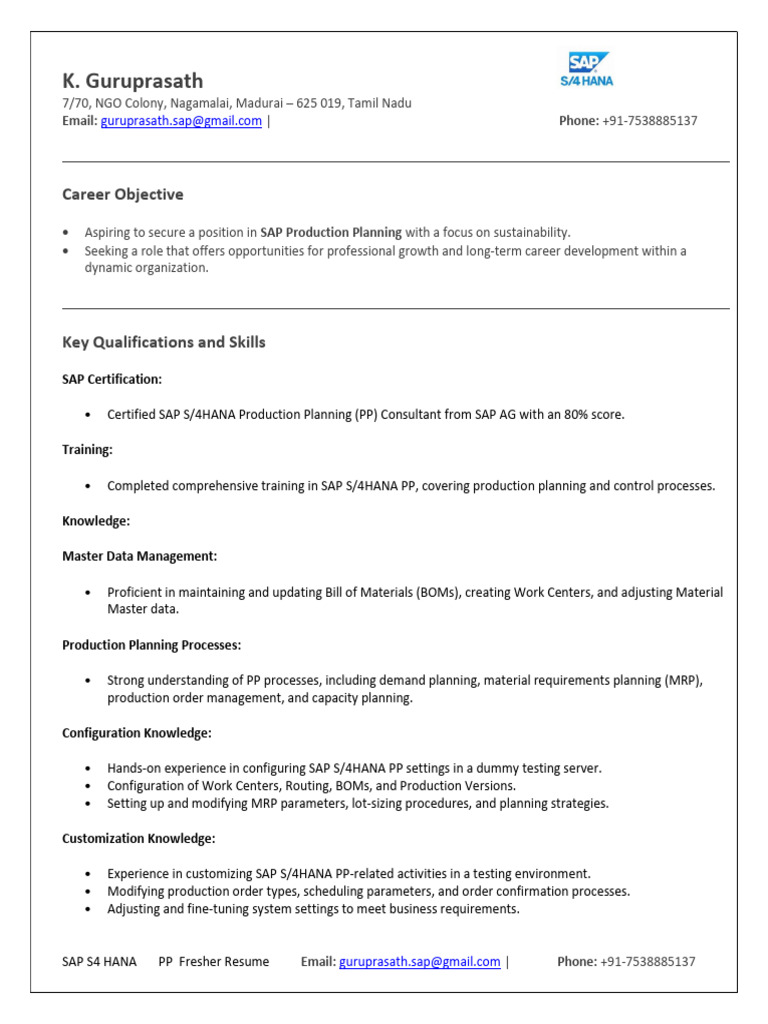 K Guruprasath Sap s4 Hana PP Certified Frsher | PDF