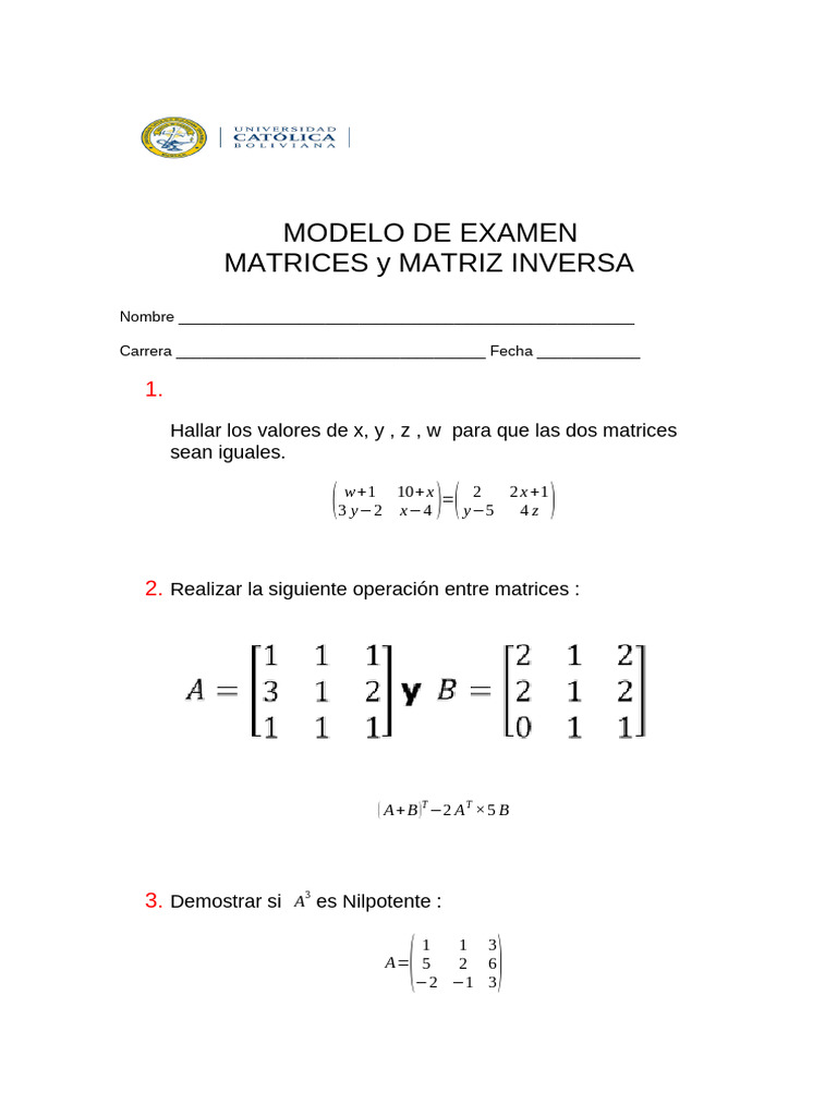 Matrices y Matriz Inversa Modelo de Examen | PDF