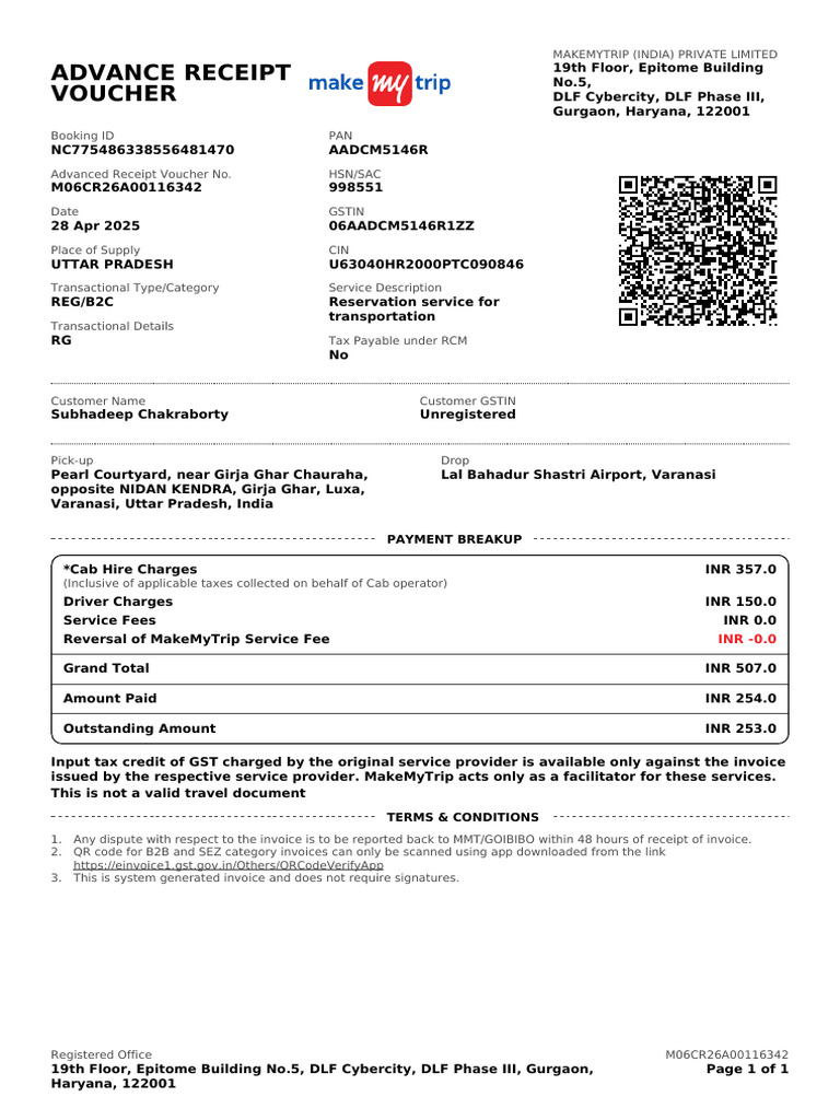 Advance Receipt Voucher - M06CR26A00116342 | PDF | Receipt | Invoice