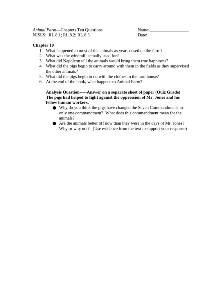 Chapter 10 Questions for Animal Farm | PDF
