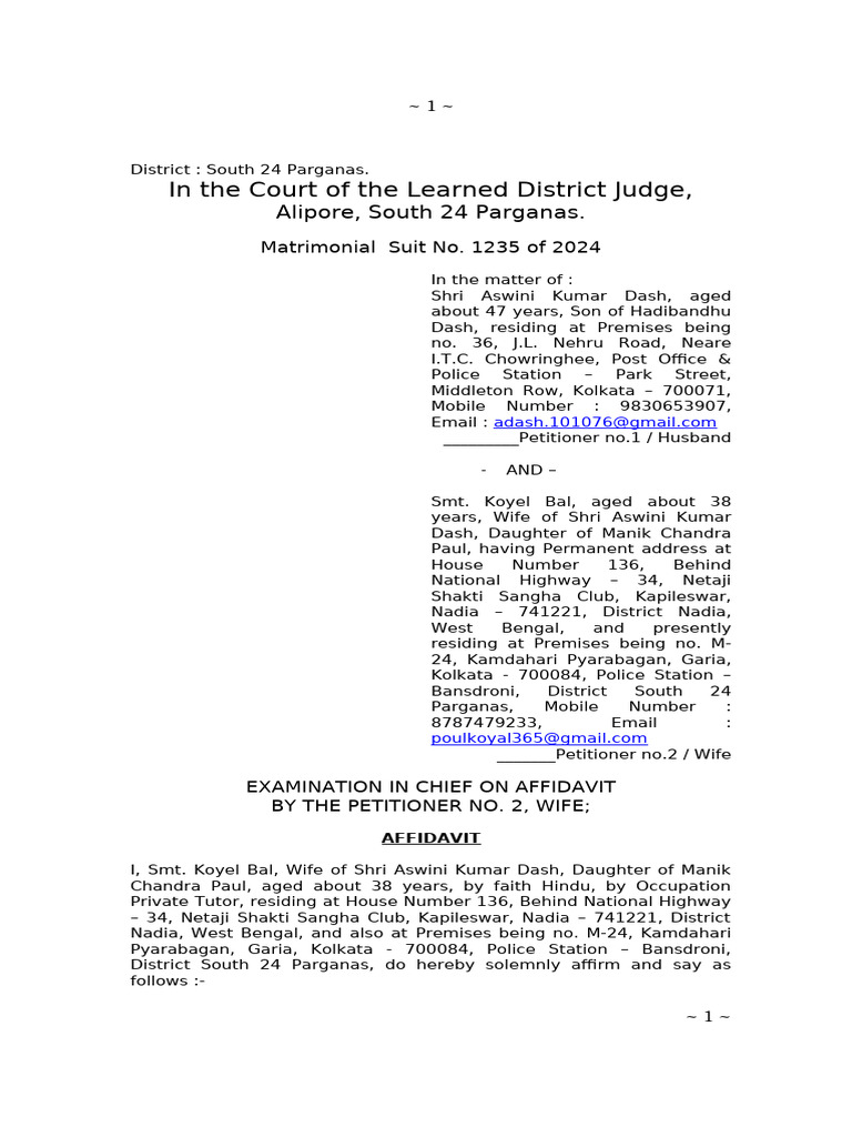 Examination in Chief On Affidavit - Koyel Bal - November - 2024 | PDF | Divorce | Marriage