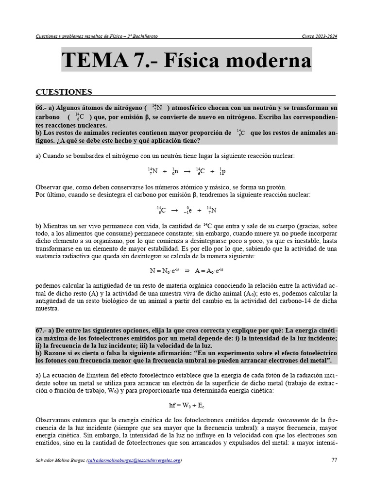 Ejercicios RESUELTOS Del Tema 7 (Física Moderna) | PDF | Efecto fotoeléctrico | Electrón
