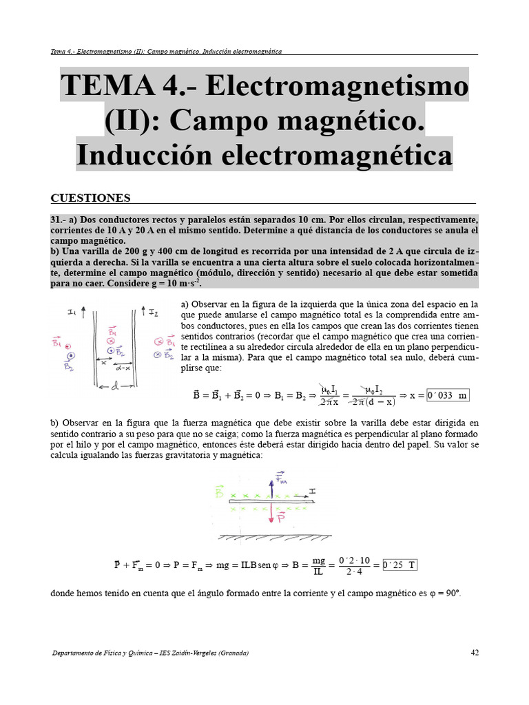 Ejercicios RESUELTOS del tema 4 (Campo magnético) | PDF | Inducción ...