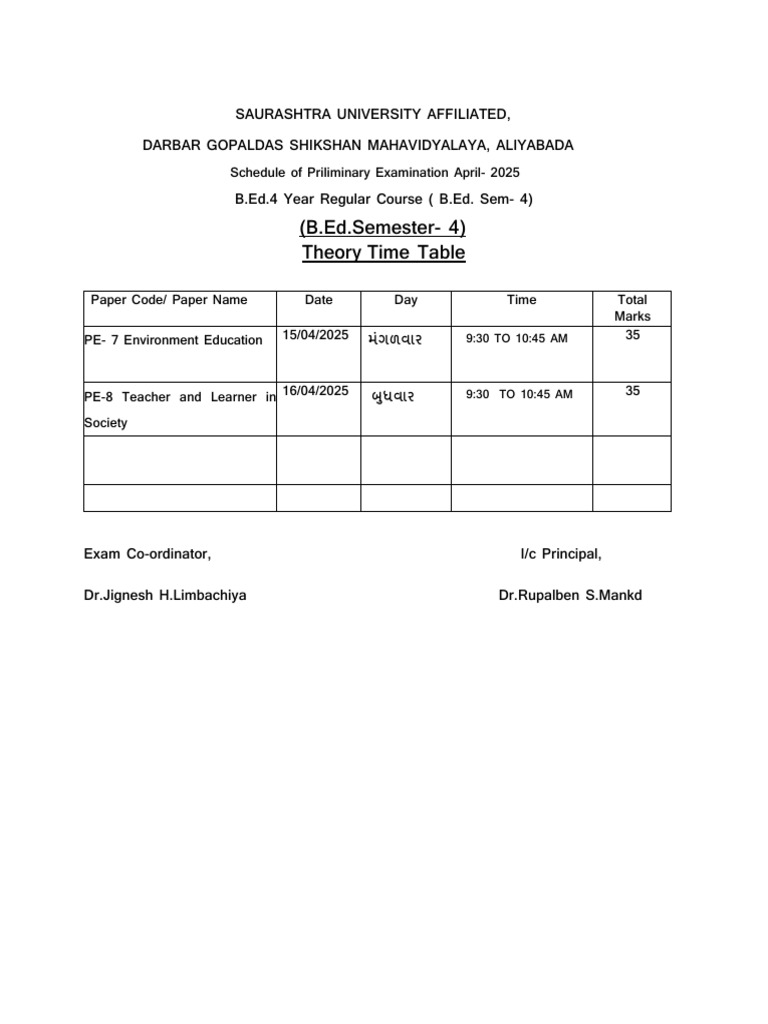 Sau,Preliminary Exam Time Table,Sem-4 April-2025 | PDF