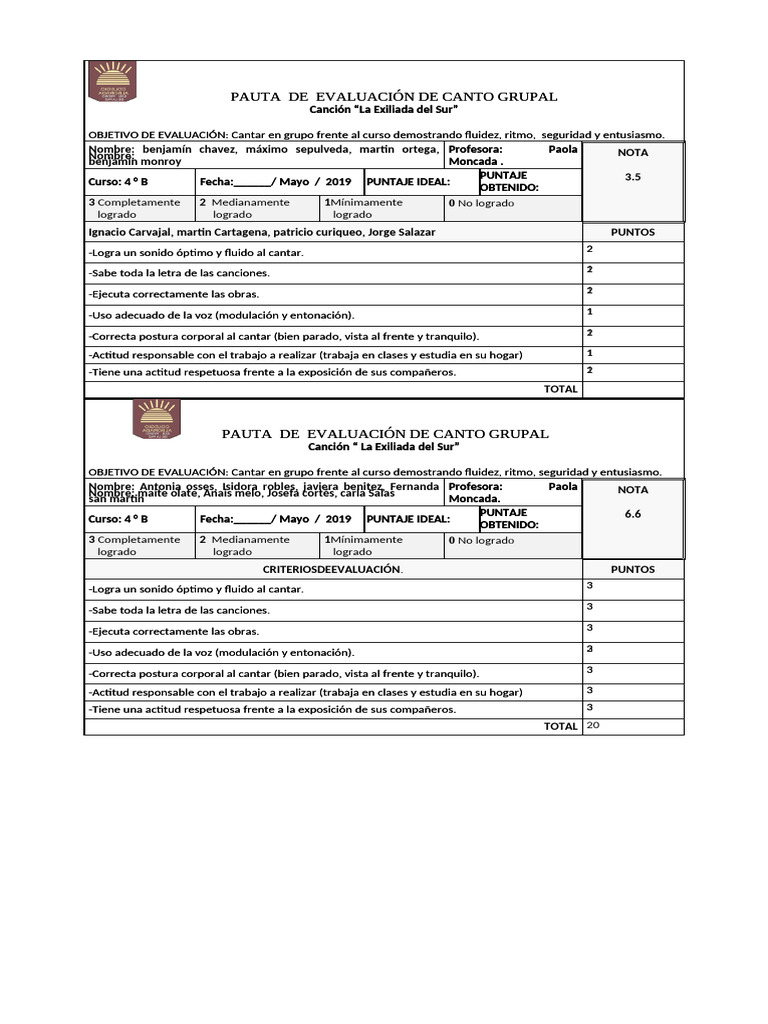 Pauta Canto 4° B | PDF | Canto | Presentación musical