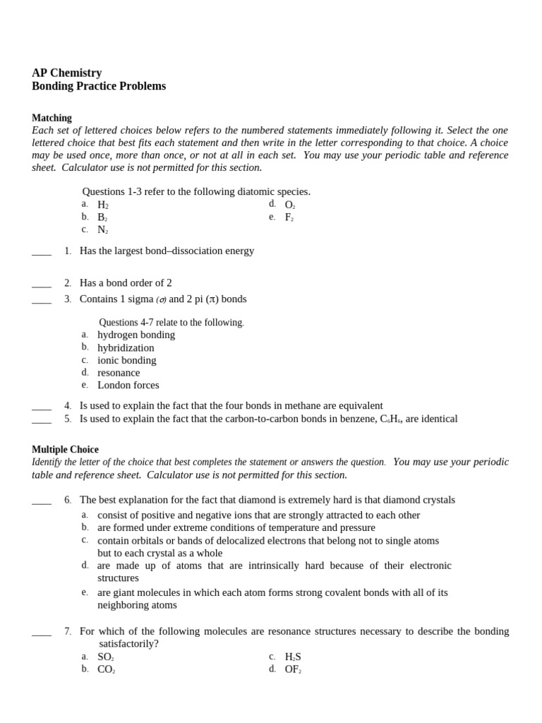 AP Chemistry Bonding Practice Problems | PDF | Chemical Bond | Ion