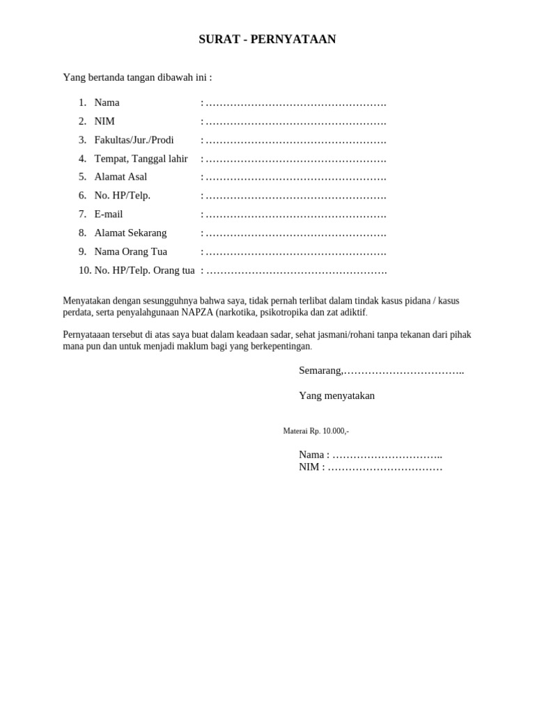 Surat Pernyataan Bebas NAPZA | PDF