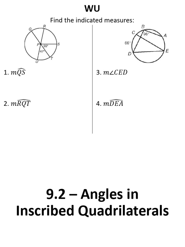 9.2 - Angles in Inscribed Quadrilaterals (1) | PDF
