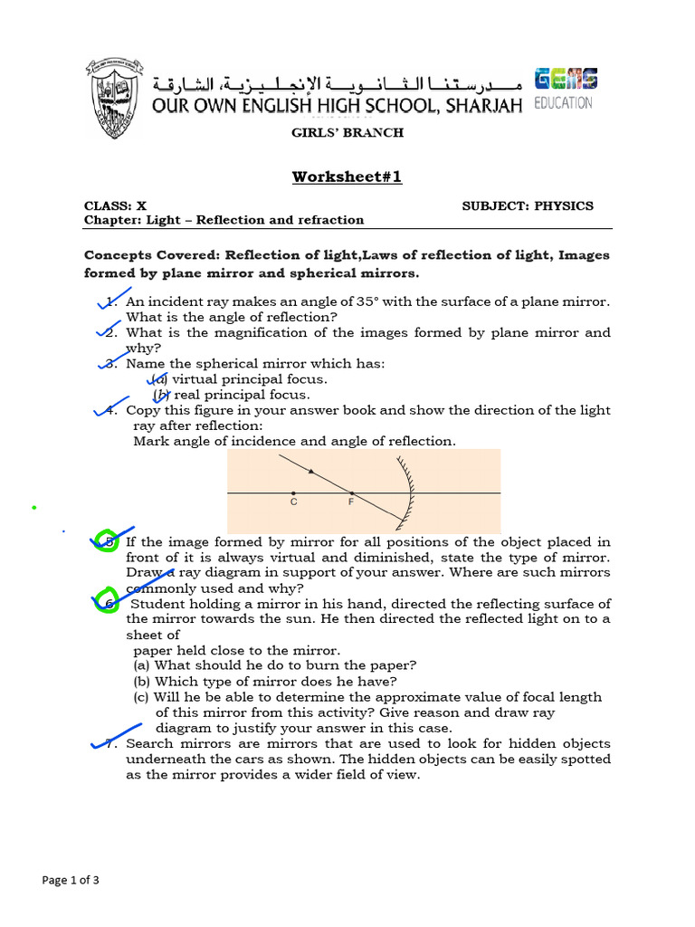 OOS - 2025-26 - Light Reflection and Refraction - WS1 DONEE | PDF | Mirror | Reflection (Physics)