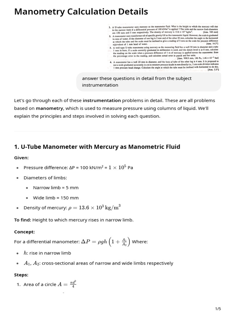 Manometry Calculation Details | PDF | Pressure Measurement | Pressure