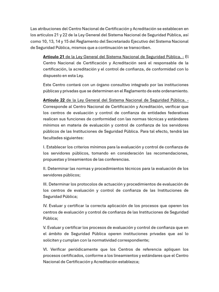 V._Centro_Nacional_de_Certificaci_n_y_Acreditaci_n atribuciones | PDF | Regulación | Policía
