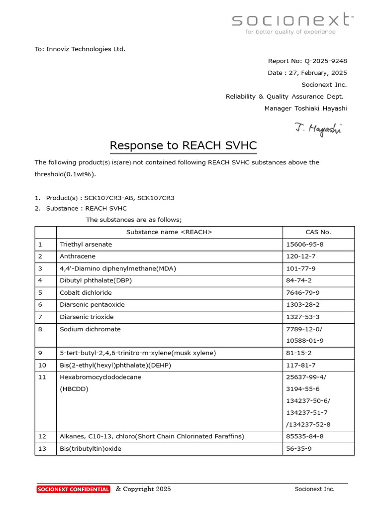 Q-2025-9248A - REACH - SVHC Statement (32th 247 Substances, Hayashi-San Sign) - EN | PDF ...