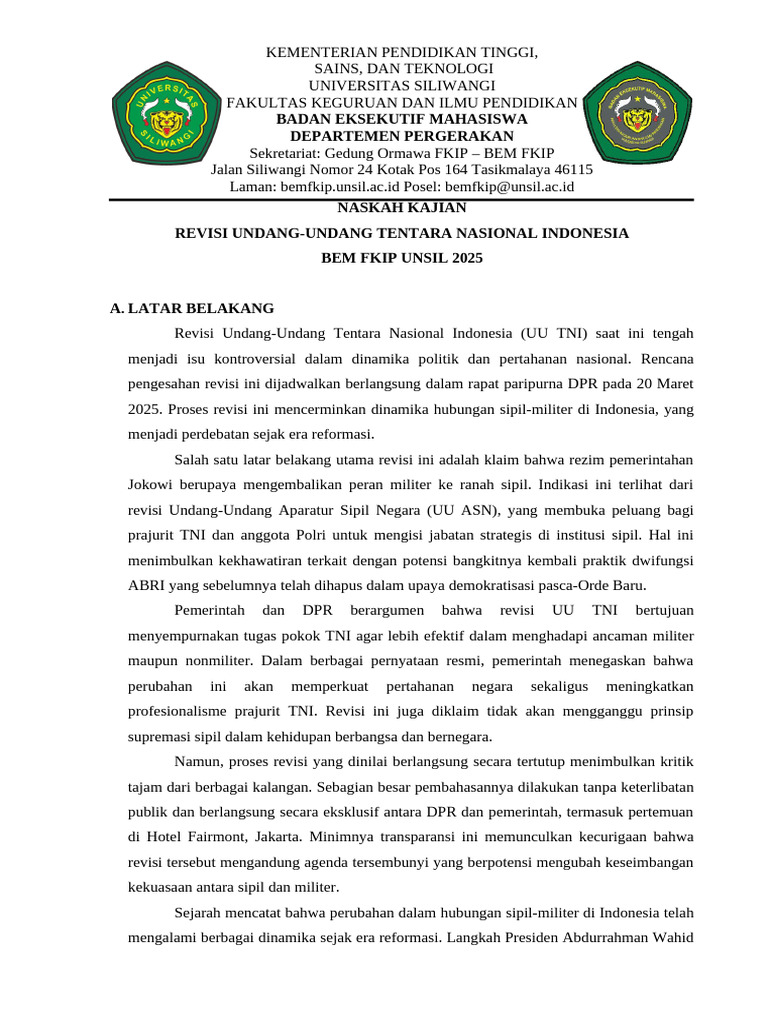 Naskah Kajian Ruu Tni - Bem Fkip Unsil | PDF