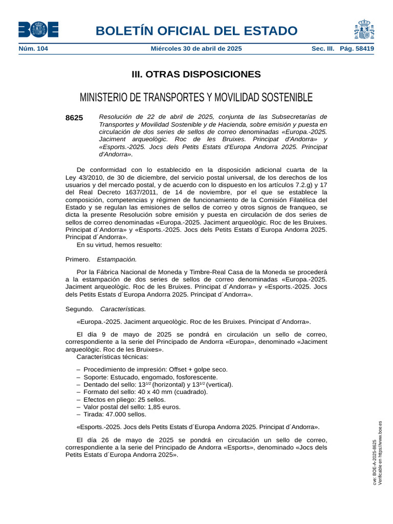 Boe A 2025 8625 | PDF | Filatelia | Sello de correos