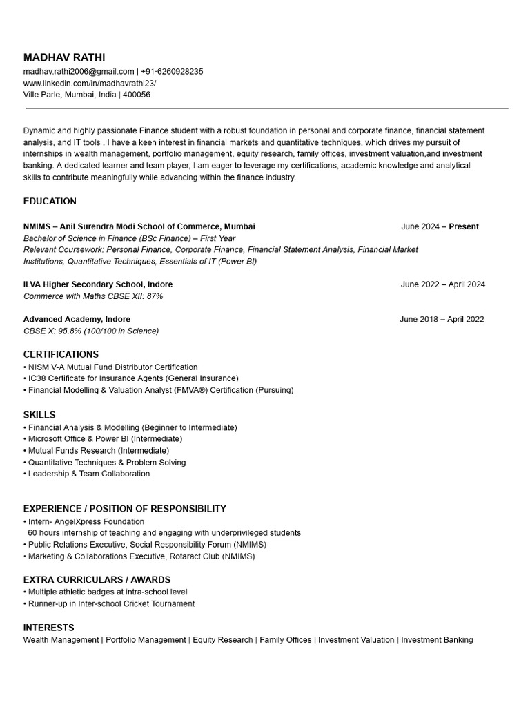 Madhav Rathi Internship Resume | PDF