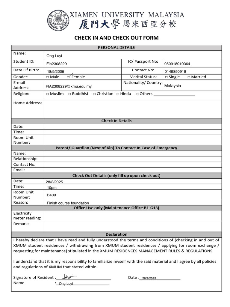 Check-In and Check-Out Form | PDF