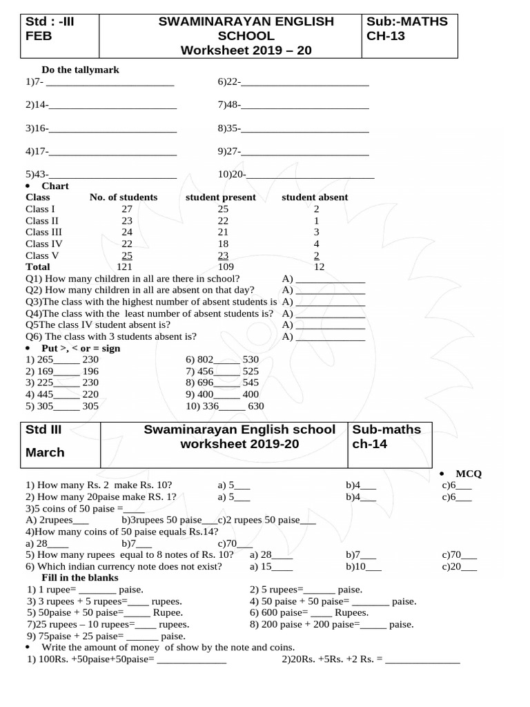 STD 3 Maths CH 13 To 14 Worksheet | PDF