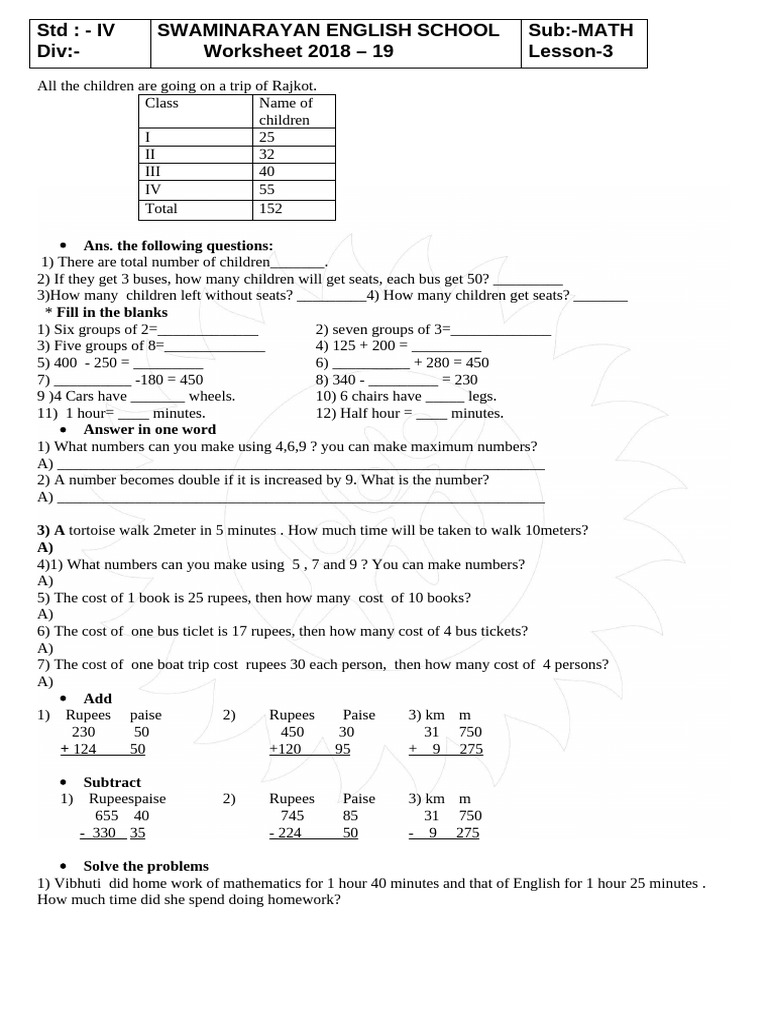 Manisha STD 4 Ncert CH 3 Worksheet | PDF