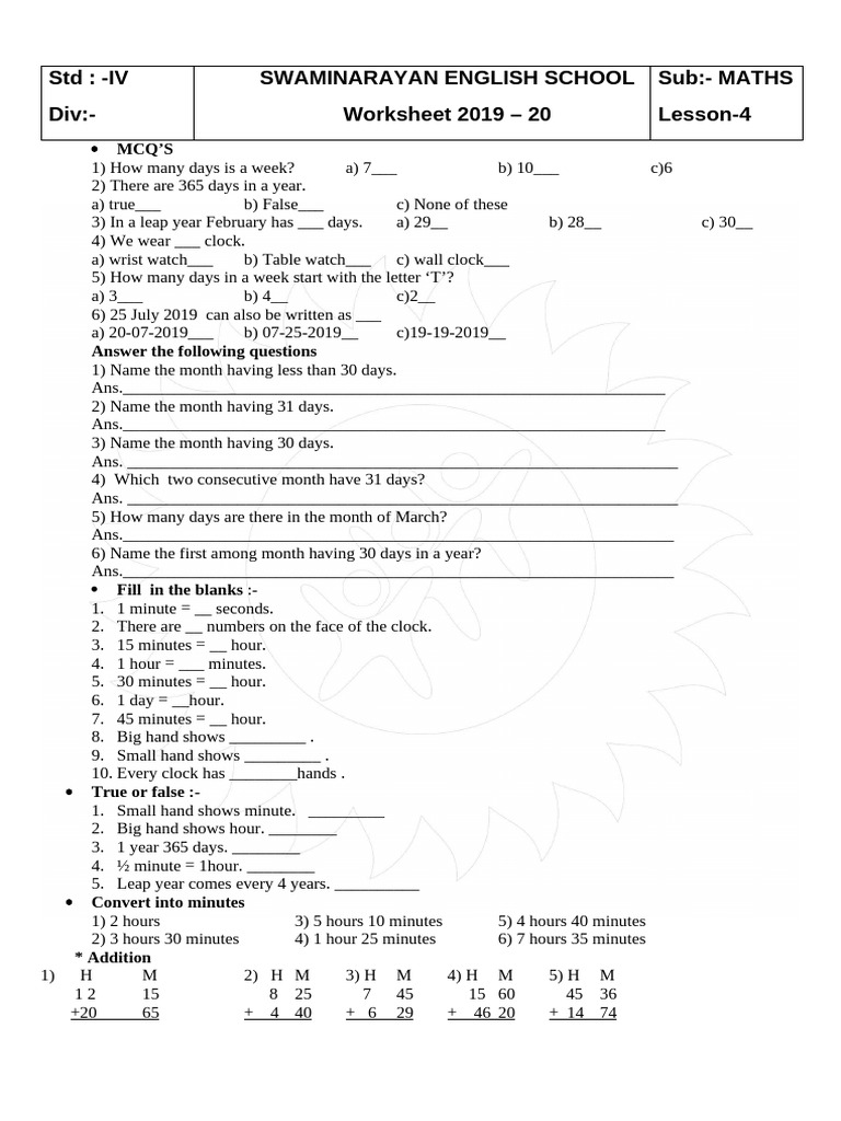 STD-4 MATHS CH-4 WORKSHEET | PDF | Mathematics