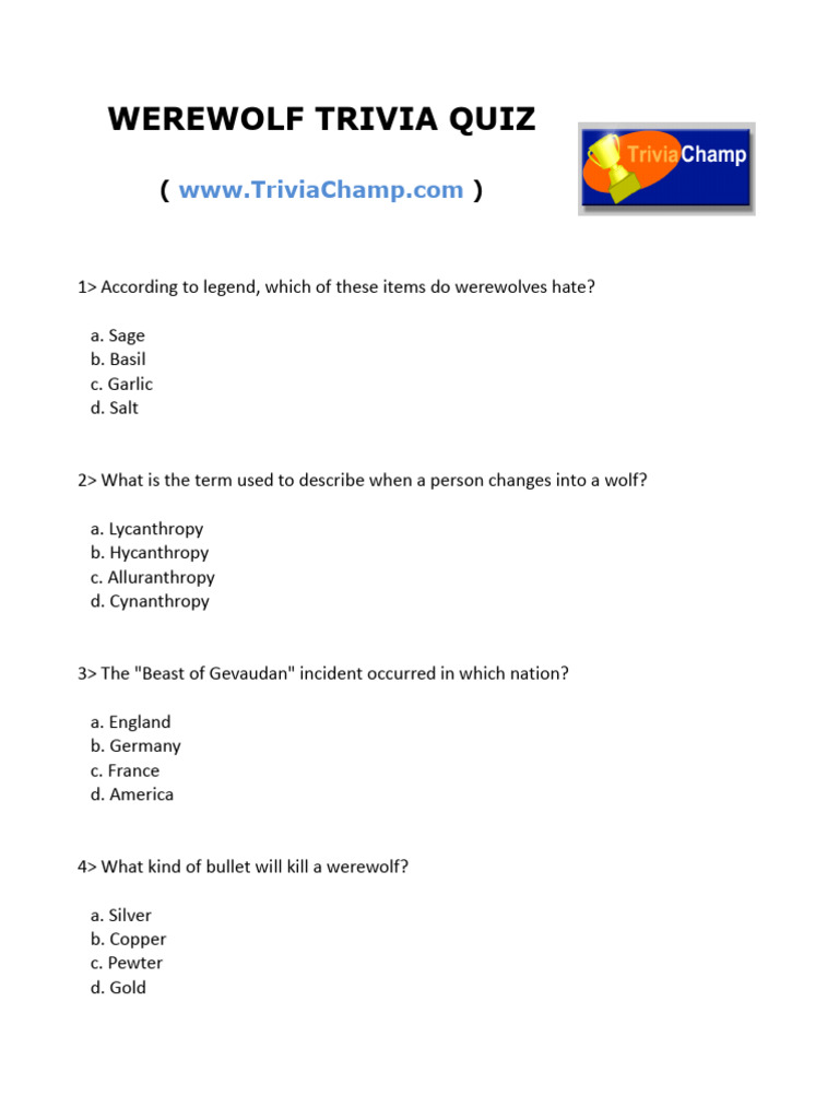 Werewolf Trivia Quiz Questions & Answers | PDF | Werewolves