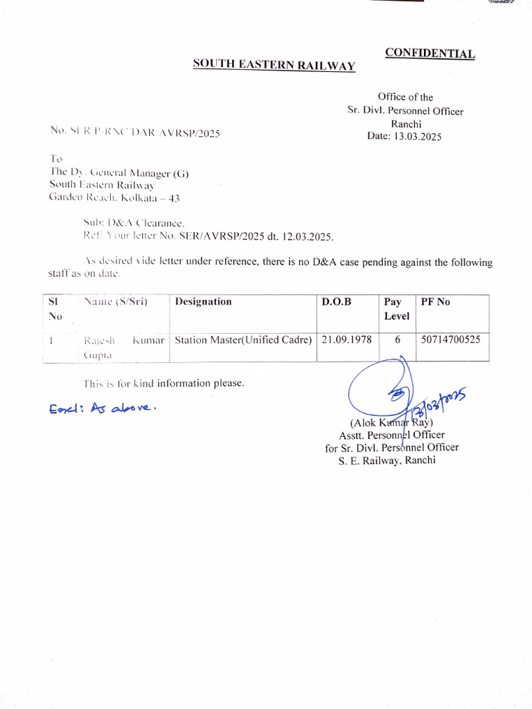 D&a Clearance - Rajesh Kumar Gupta - SM-RNC | PDF