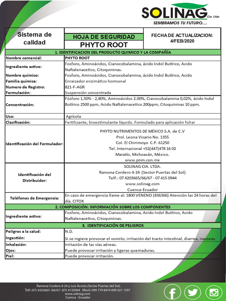 Ficha Técnica de Phyto Root | PDF | Agua | Solubilidad