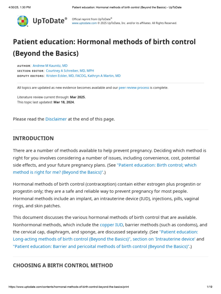 Patient Education - Hormonal Methods of Birth Control (Beyond The Basics) - UpToDate | PDF ...
