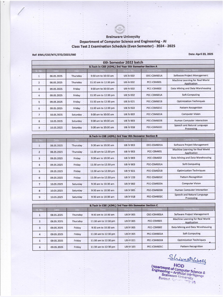 Ct2 Schedule 6th Sem | PDF
