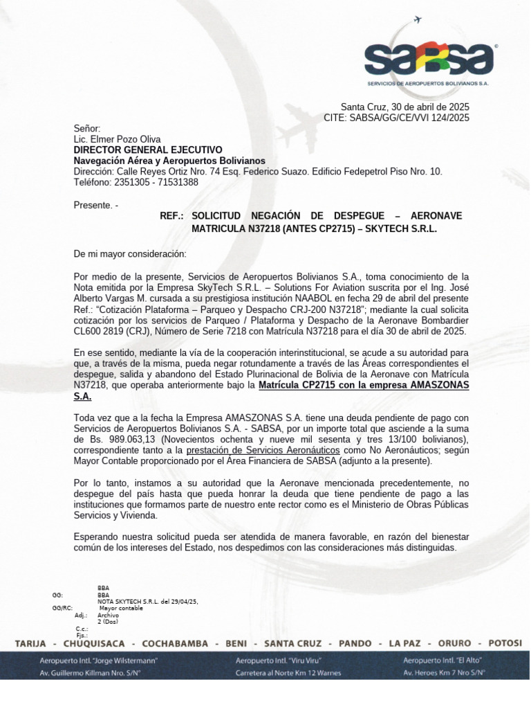 19CITE SABSA-GG-RC-CBB-CE-0294-2025 Nota Naabol Caso Amaszonas SA (Skytech) | PDF | Aviación