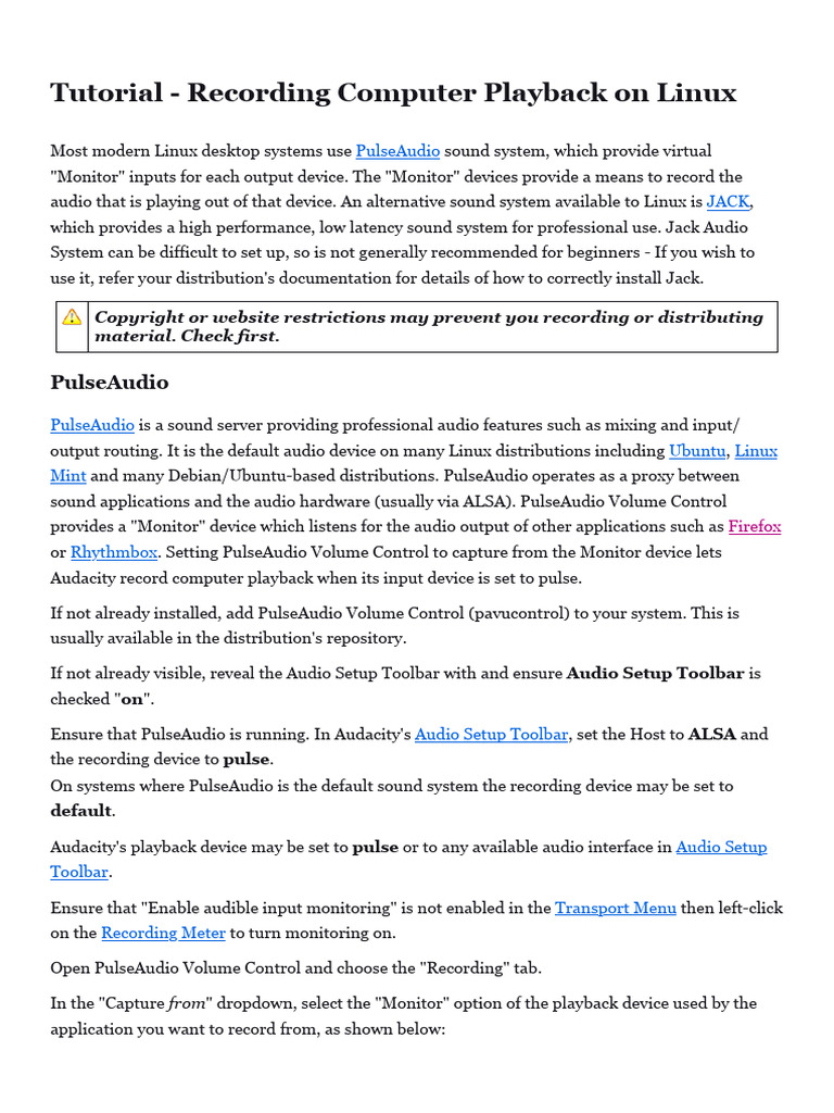 Tutorial - Recording Computer Playback On Linux - Audacity Manual | PDF | Computing | Software