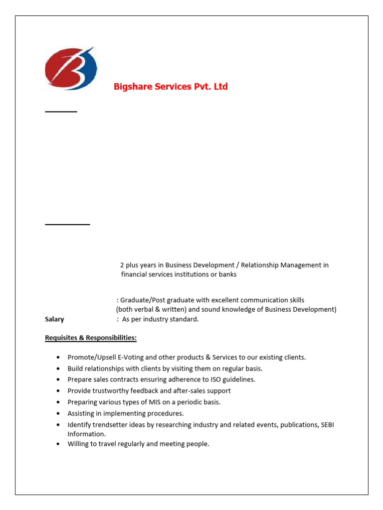Senior Executive BDM Job at Bigshare Services | PDF