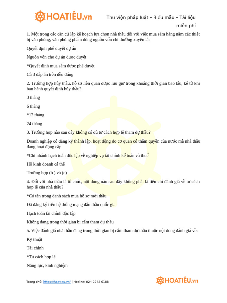 Bo Cau Hoi Trac Nghiem Chung Chi Dau Thau | PDF