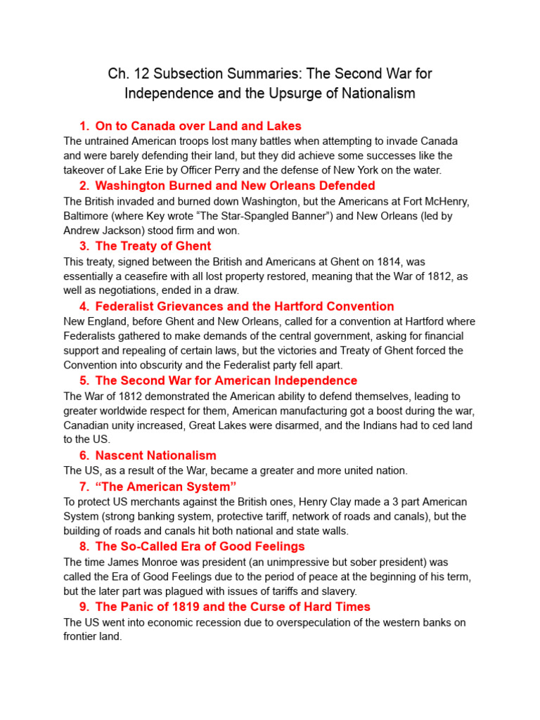Ch. 12 Subsection Summaries (19 Sections in The Chapter) | PDF | James Monroe | War Of 1812