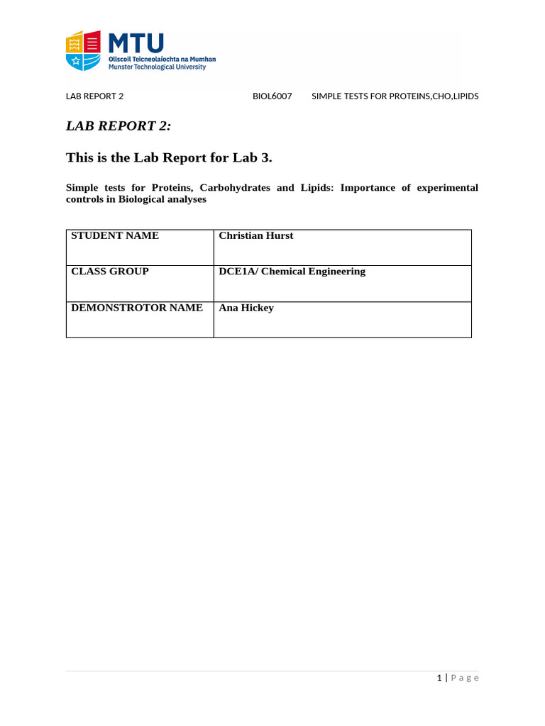 BIOl6007 - Lab Report 2 - Macromolecules - Christian | PDF | Staining ...