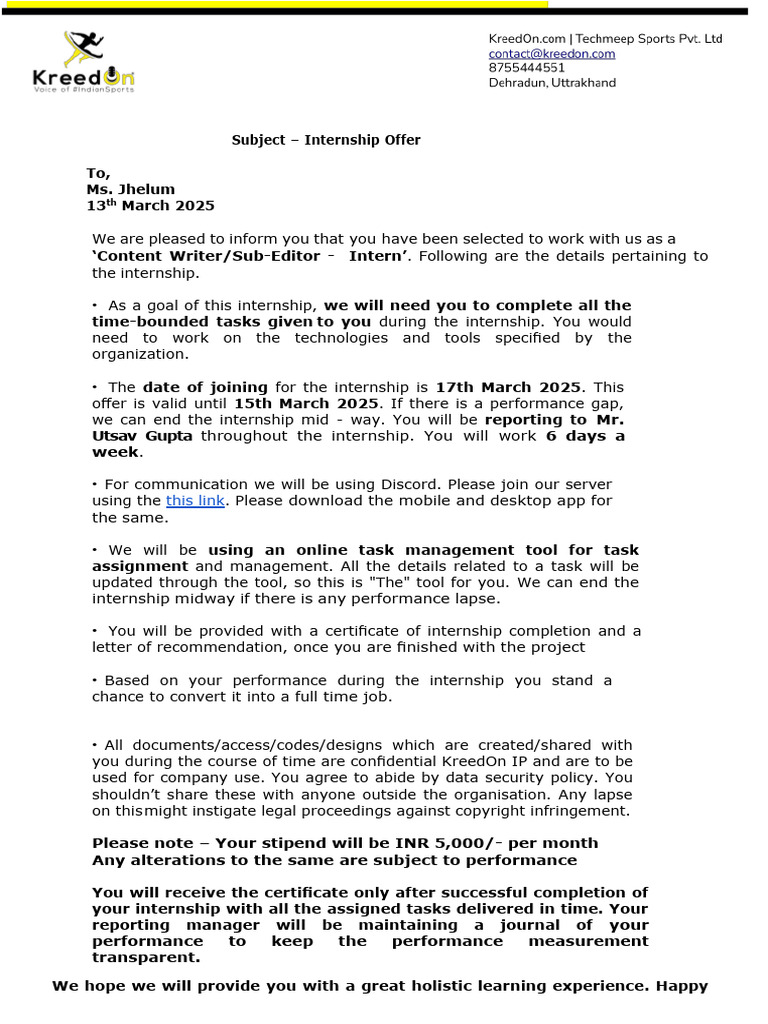 Internship Offer for Content Writer Role | PDF