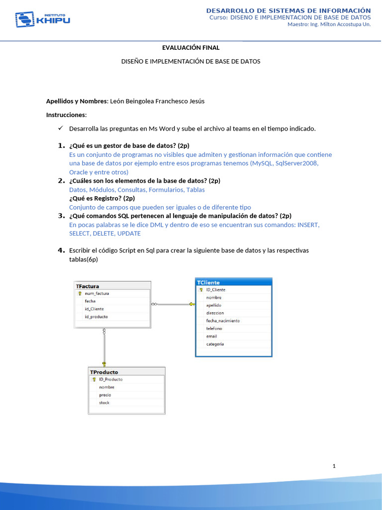 Examen Final Franchesco Jesus Leon Beingolea | PDF | SQL | Bases de datos