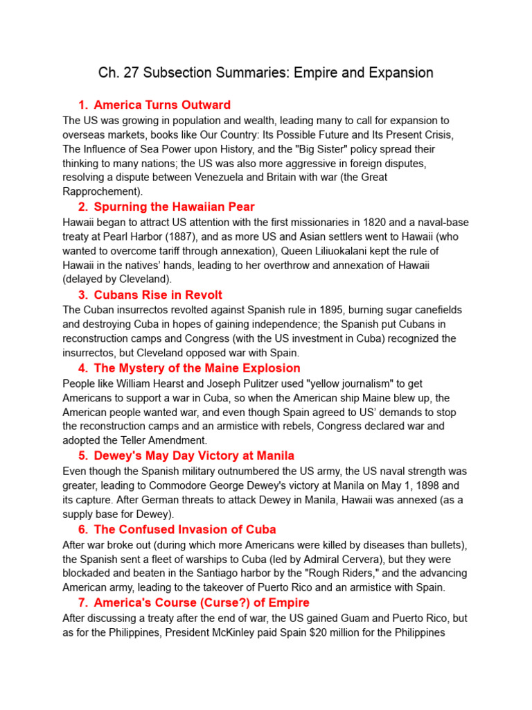 Ch. 27 Subsection Summaries (19 Subsections in The Chapter) | PDF | William Mc Kinley | Puerto Rico