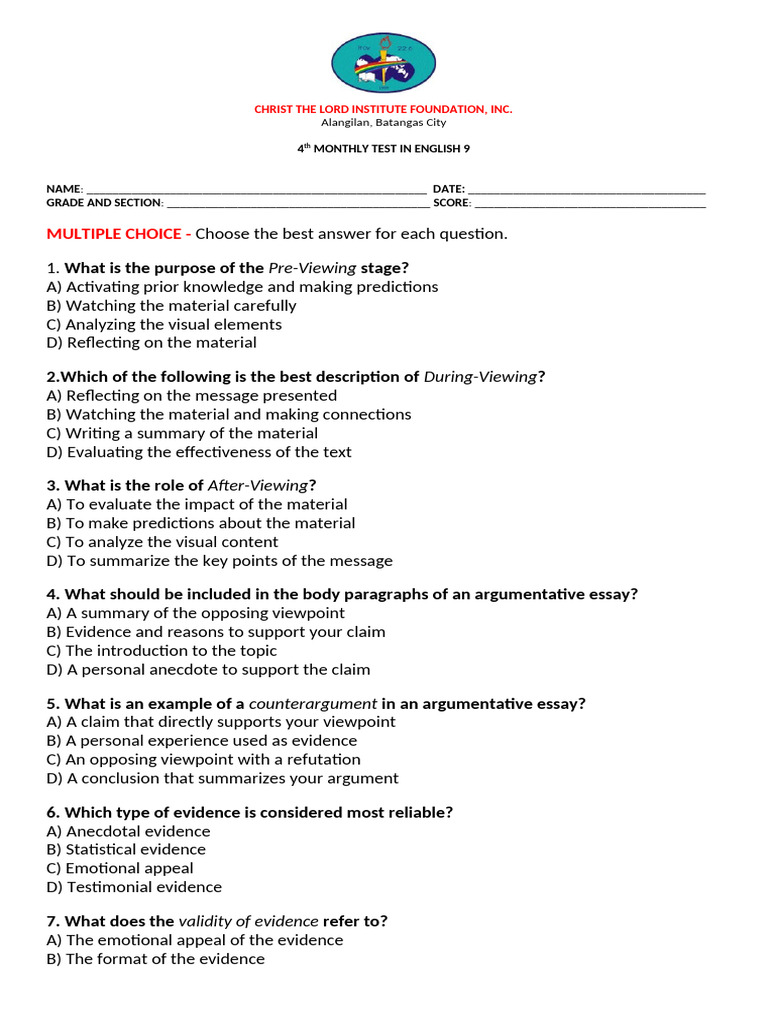 English 9 4th Monthly Exam | PDF | Essays | Evidence