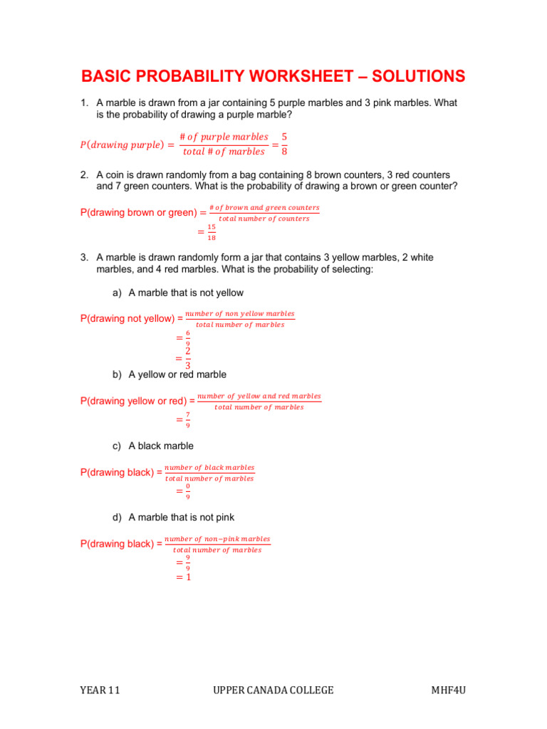Basic Probability Worksheet - Solutions | PDF | Probability Theory ...