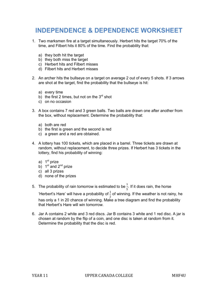 Independence Worksheet | PDF | Applied Mathematics | Statistical Theory