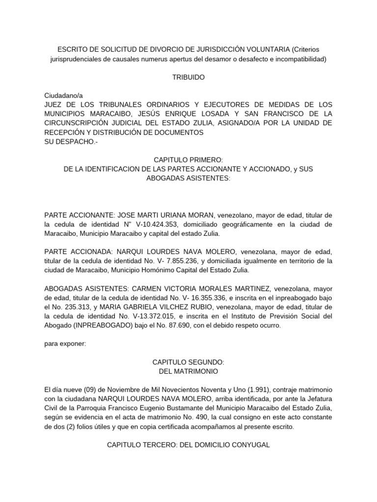 ESCRITO DE SOLICITUD DE DIVORCIO DE JURISDICCIÓN VOLUNTARIA (Criterios ...