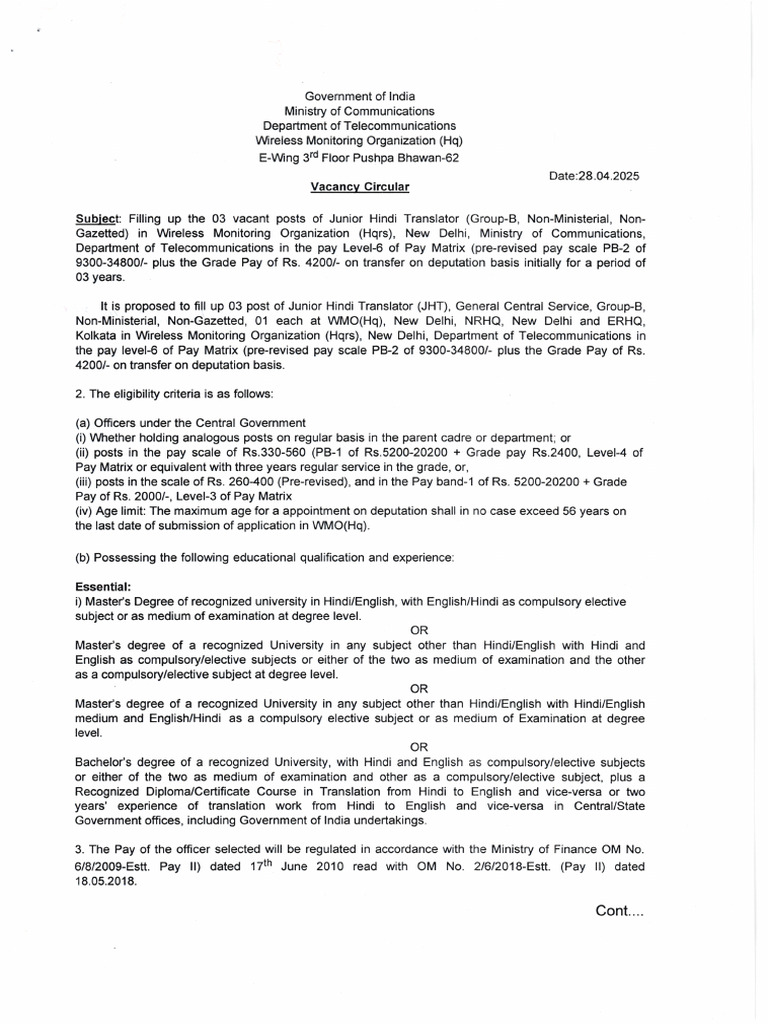 Junior Hindi Translator Vacancy Circular of WMO in English | PDF