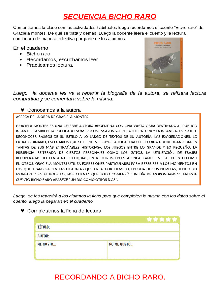 Actividades sobre "Bicho Raro" | PDF | Cuentos