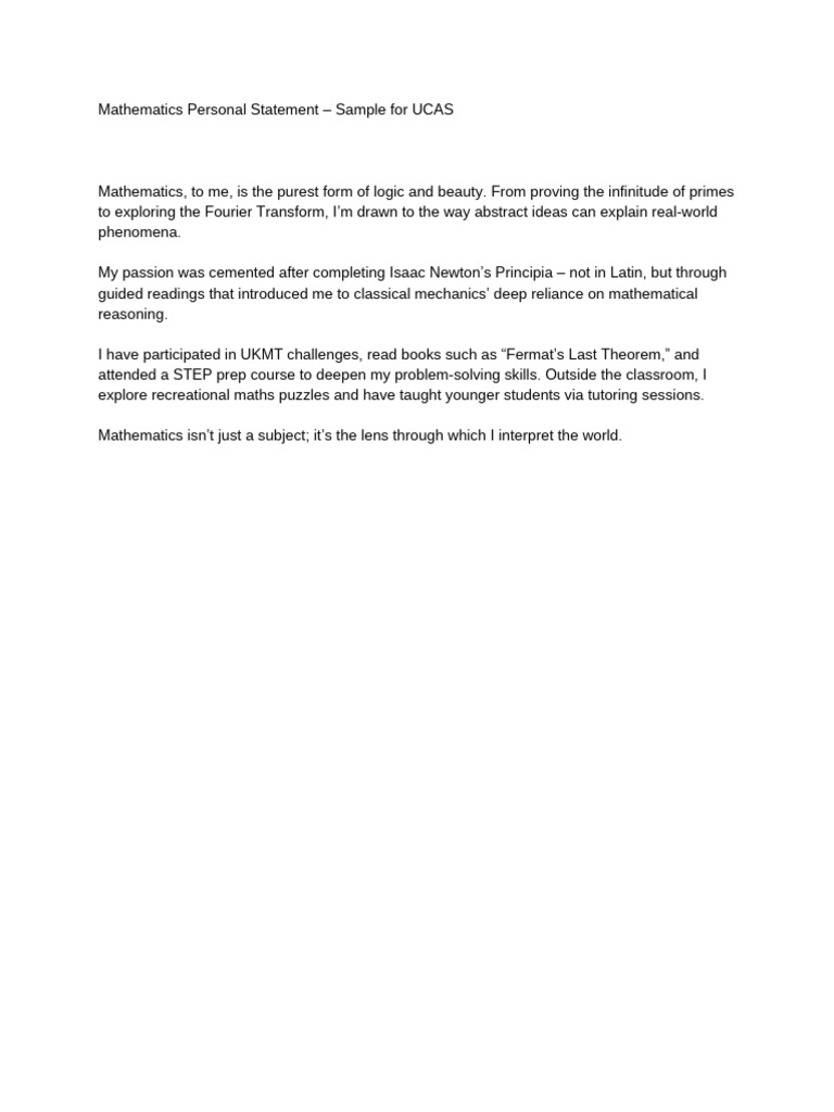 Mathematics Personal Statement - Sample For UCAS | PDF