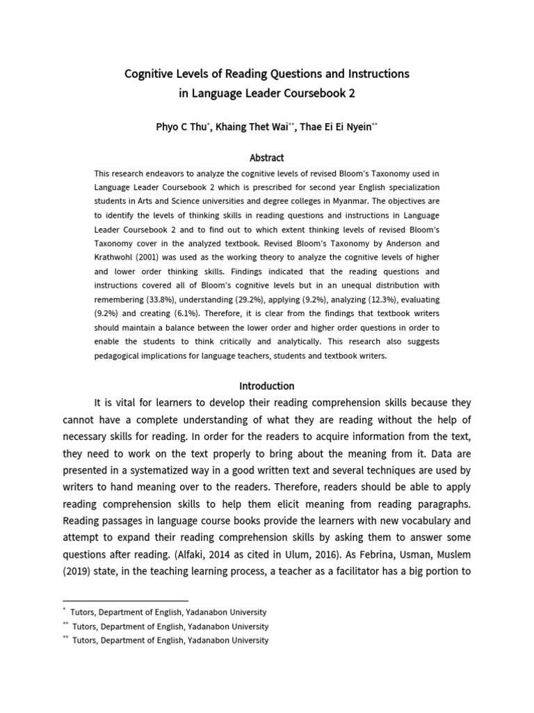Cognitive Levels of Reading Questions and Instructions in Language ...