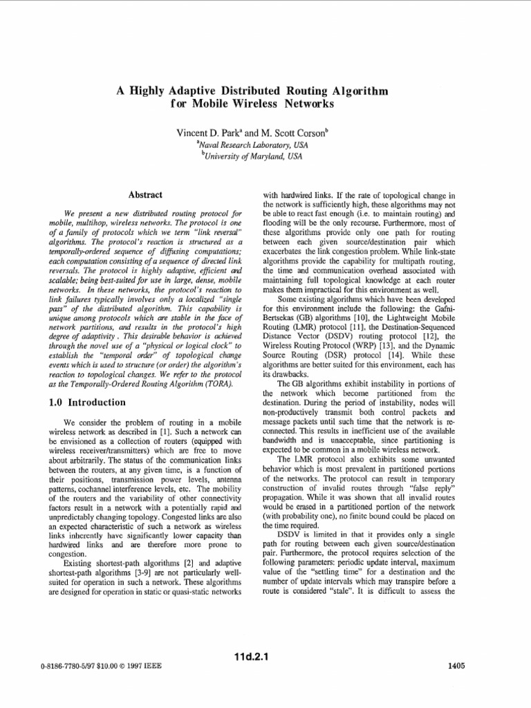 A Highly Adaptive Distributed Routing Algorithm For Mobile Wireless Networks (TORA) | PDF ...
