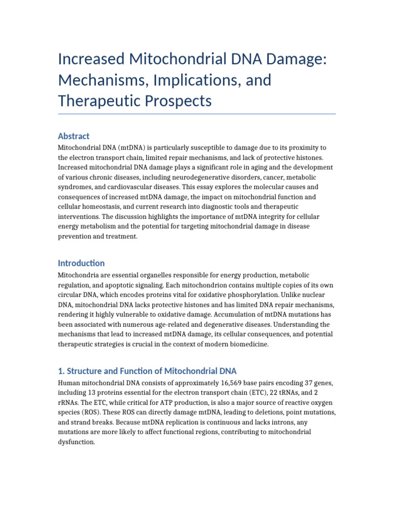 Increased Mitochondrial DNA Damage | PDF | Mitochondrion ...