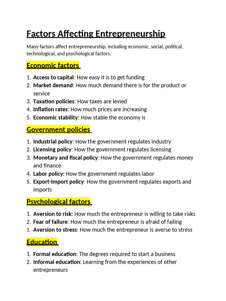 Factors Affecting Entrepreneurship | PDF