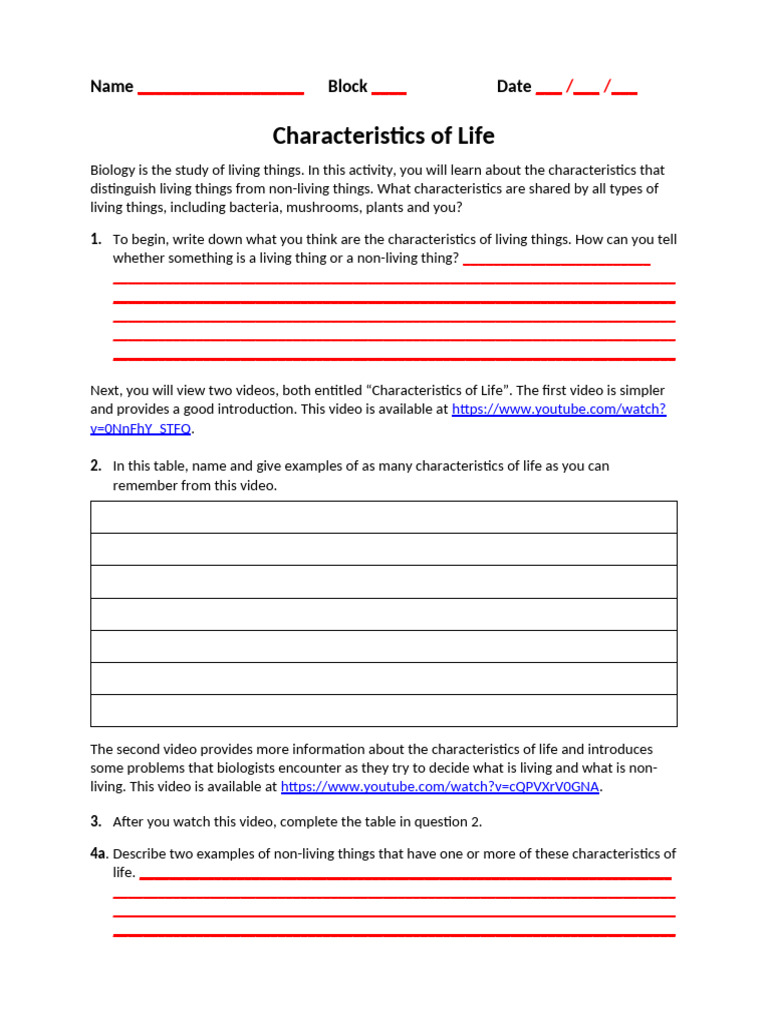 Characteristics of Life Introduction Activity | PDF | Life | Organisms